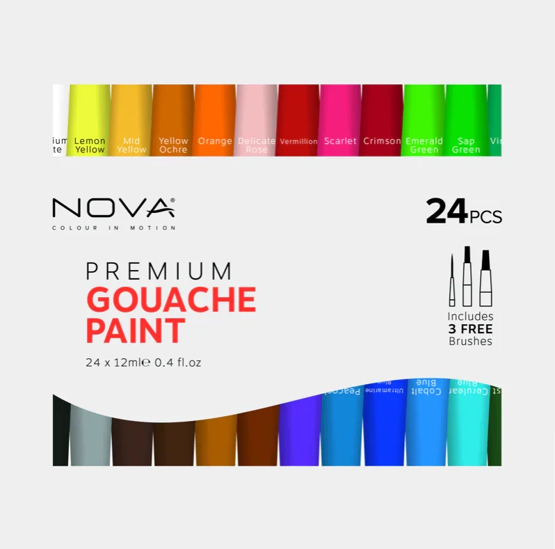 Nova Premium Gouache Maling 24 x 12 ml & 3 Pensler - Gouache - Papirgalleriet